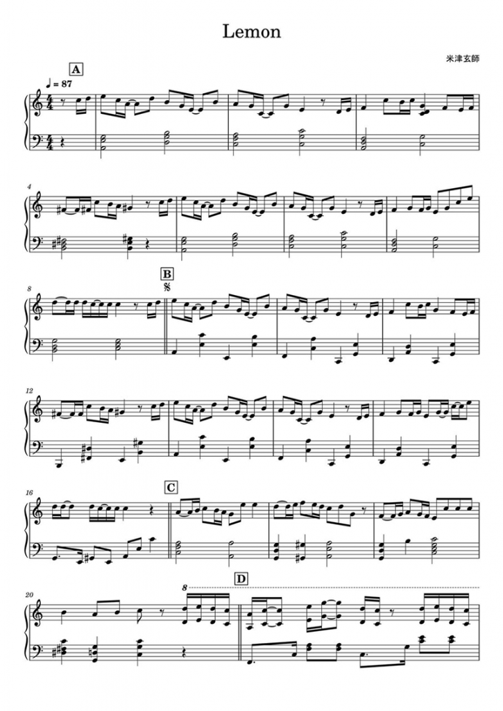 Sheet Piano LEMON - Kenshi Yonezu - Free download