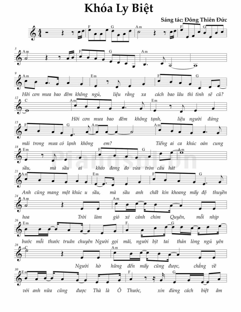 Sheet Piano Khoá Ly Biệt - Voi Bản Đôn | Top 2 trending