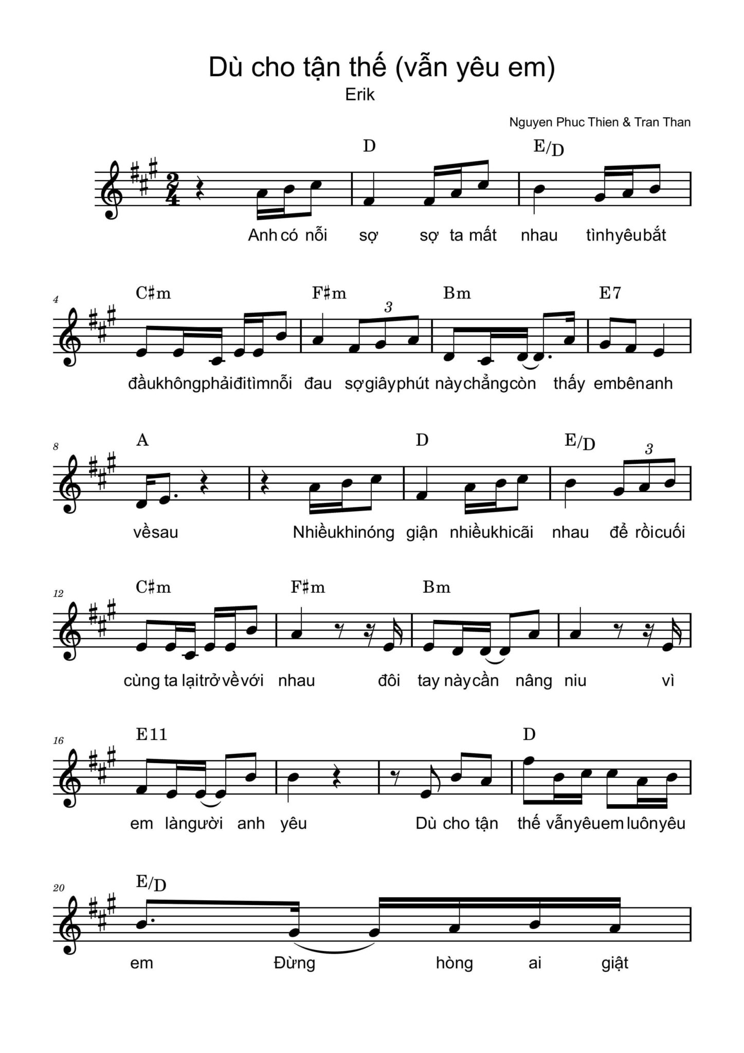 Sheet Piano Dù Cho Tận Thế (Vẫn Yêu Em) - Erik